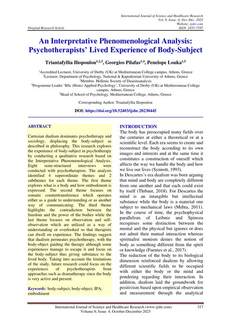 Pdf An Interpretative Phenomenological Analysis Psychotherapists Lived Experience Of Body