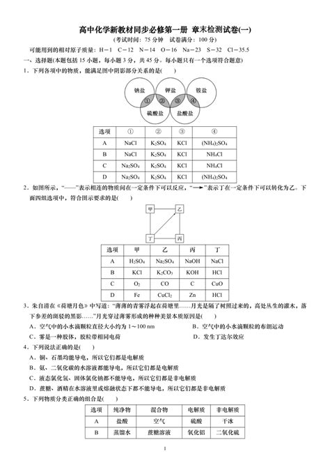 12 高中化学新教材同步必修第一册 章末检测试卷一（含答案） 21世纪教育网