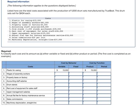 Solved 1 Classify Each Cost And Its Amount As A Either Variable Or Course Hero