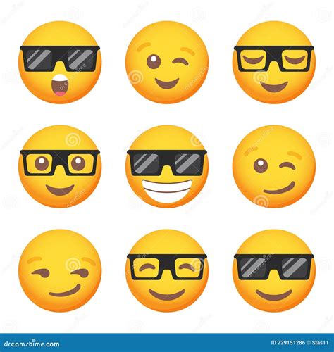 Set Of Glasses And Wink Emoticon Smile Icons Cartoon Emoji Set Vector