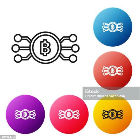 흰색 배경에 마이크로 칩 회로 아이콘이있는 원형의 블랙 라인 암호 화폐 비트 코인 블록 체인 기술 디지털 머니 시장 아이콘 다채로운 원 버튼을 설정합니다 벡터 일러스트레이션