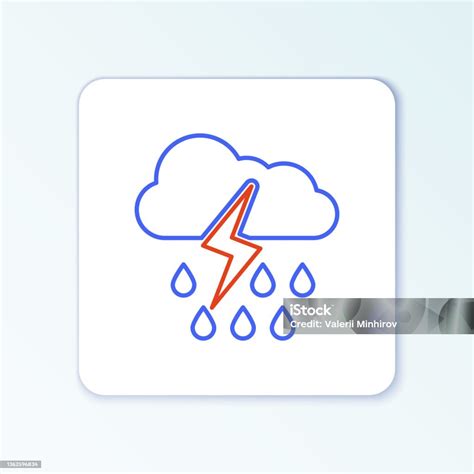 白い背景に孤立した雨と稲妻のアイコンを持つライン雲雨が降る雨雲降水量嵐の天気アイコンカラフルなアウトラインコンセプトベクトル しずくの
