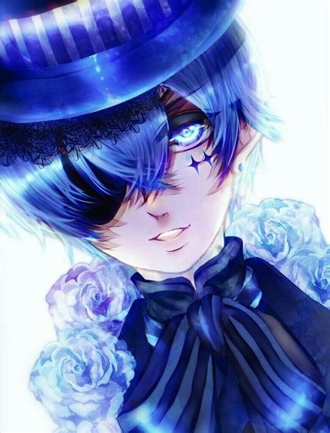 An Anime Character With Blue Hair Wearing A Top Hat And Holding Flowers