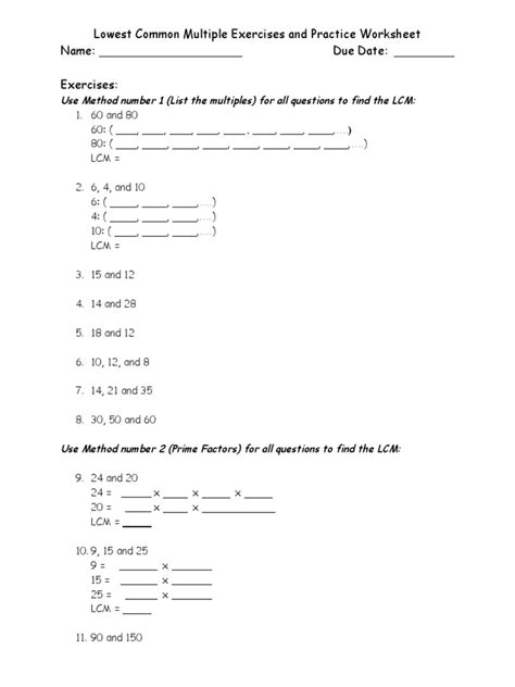 Lowest Common Multiple Exercises And Practice Worksheet Pdf