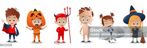 할로윈 의상 세트 무서운 캐릭터 의상 컬렉션 무서운 괴물의 소년과 소녀는 만화 일러스트를 의상 벡터 일러스트레이션 사람들에 대한 스톡 벡터 아트 및 기타 이미지 Istock
