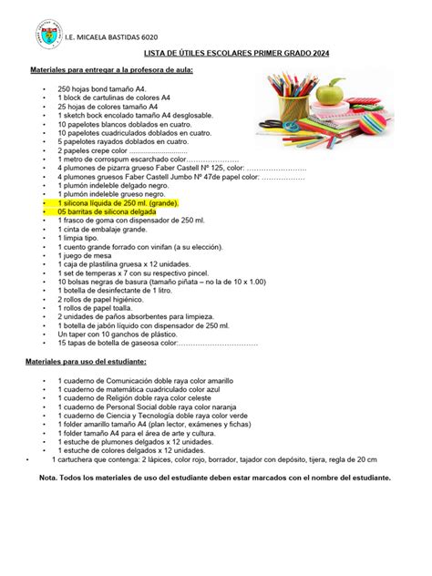 Lista De Utiles Primer Grado Pdf Papelería