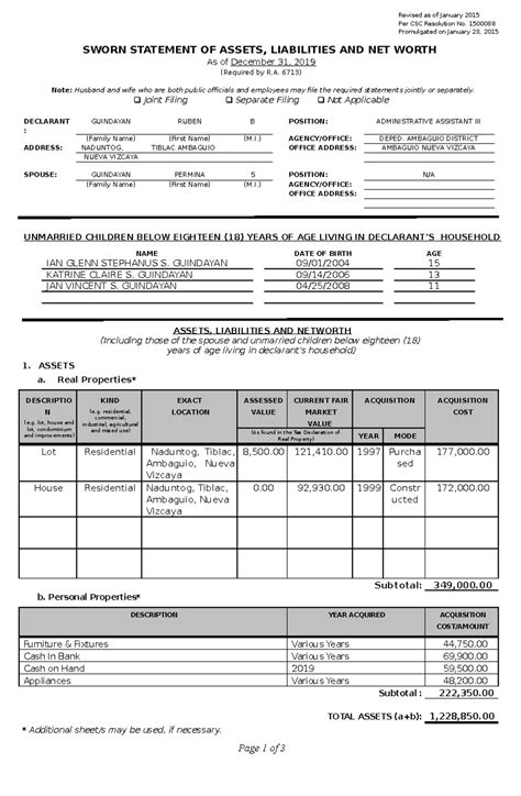 2015 Saln Form Copy Revised As Of January 2015 Per Csc Resolution No 1500088 Promulgated On