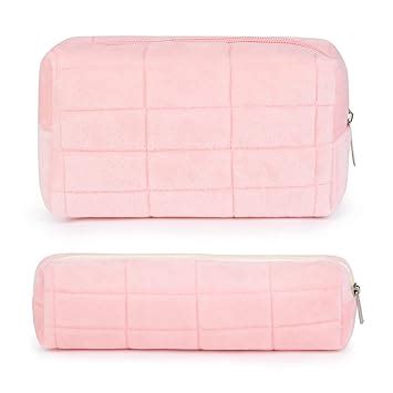 Amazon SOIDRAM Checkered Cosmetic Bag Plush Pink Makeup Pouch Large Capacity Travel
