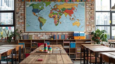 A Classroom With Wooden Tables Colorful Materials And A Large World