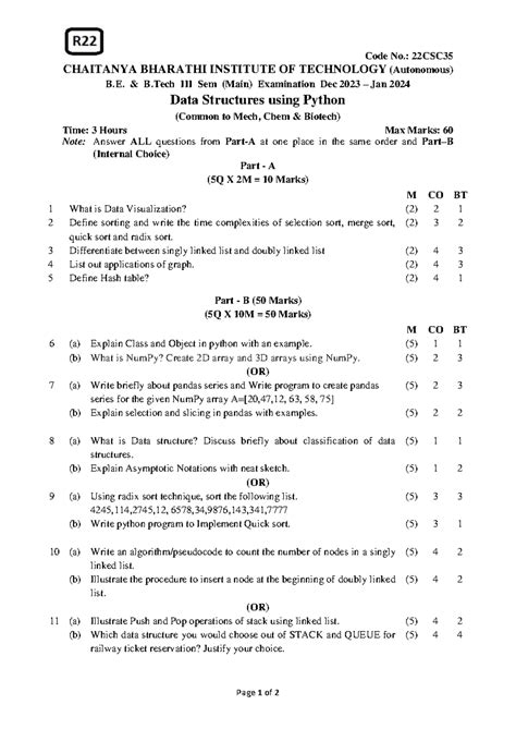 Data Structures Using Python 22csc35 Code No 22csc Page 1 Of 2
