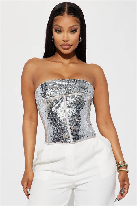 Champagne Kisses Sequin Corset Top Silver Fashion Nova