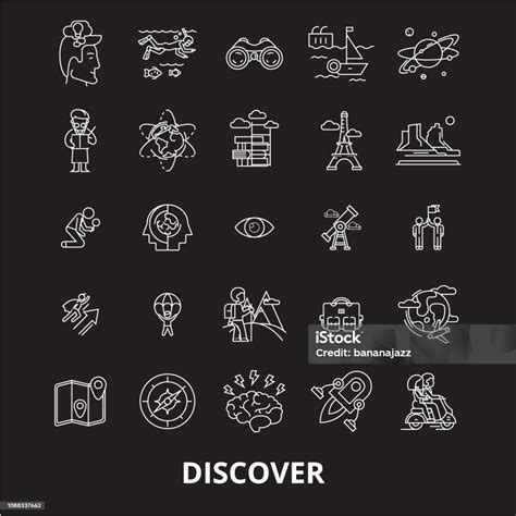發現在黑色背景上設置的可編輯行圖示向量發現白色輪廓插圖標誌符號向量圖形及更多光學儀器圖片 光學儀器 剪裁圖 創作性 Istock
