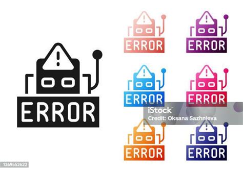 흰색 배경에 격리된 로봇 아이콘의 작동 프로그램에서 검은색 오류입니다 로봇의 깨진 칩 다채로운 아이콘을 설정합니다 벡터 가공의 인물에 대한 스톡 벡터 아트 및 기타 이미지