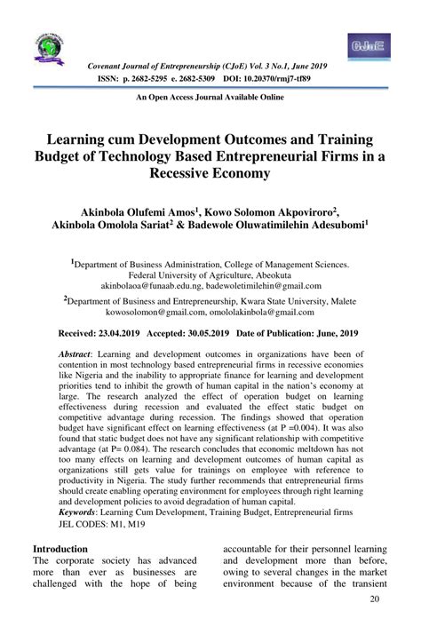 Pdf Learning Cum Development Outcomes And Training Budget Of Technology Based Entrepreneurial