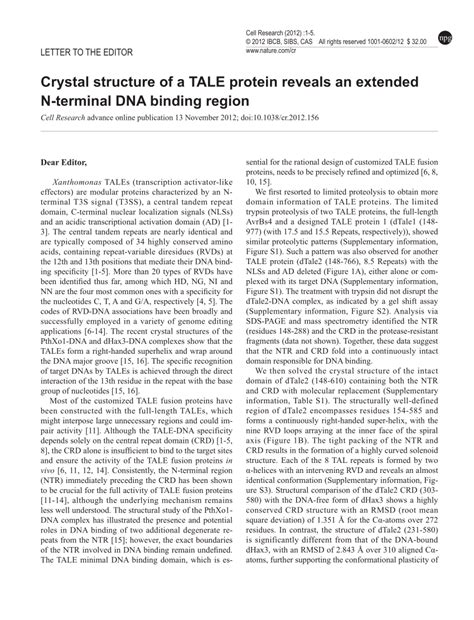 Pdf Crystal Structure Of A Tale Protein Reveals An Extended N