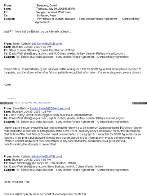 Fw Estate Of Michael Jackson Sony Motion Picture Agreement Confidentiality Agreement