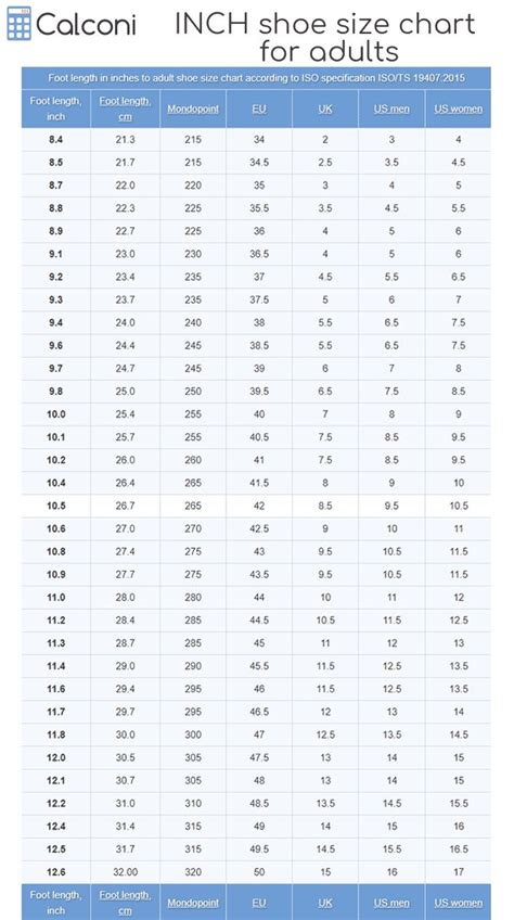 Foot Measurement Measurement Inches Conversion Chart Shoe Size