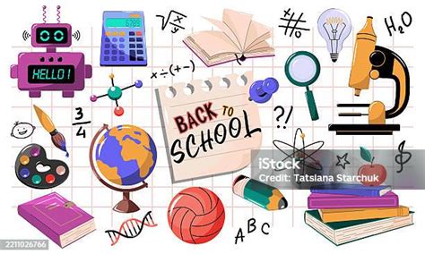 스티커 학교로 돌아가는 디자인을 위한 일러스트레이션 세트입니다 Dna에 대한 스톡 벡터 아트 및 기타 이미지 Dna 가위 개체 그룹 Istock