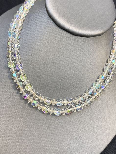 1950s Aurora Borealis Glass Crystal Beaded Two Stran Gem