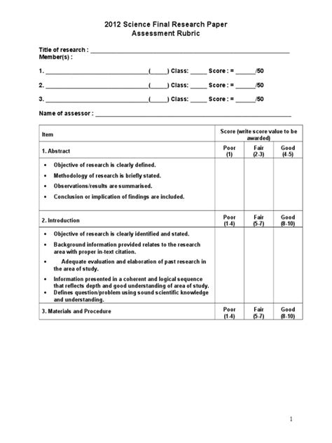 2012 Science Final Paper Rubrics Pdf Methodology Science