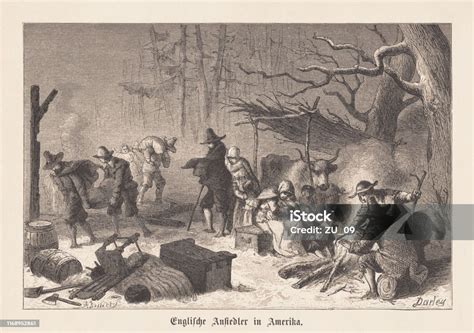 17세기 후반 1876년 출판된 미국의 영국 정착민 순례자에 대한 스톡 벡터 아트 및 기타 이미지 순례자 겨울 미국