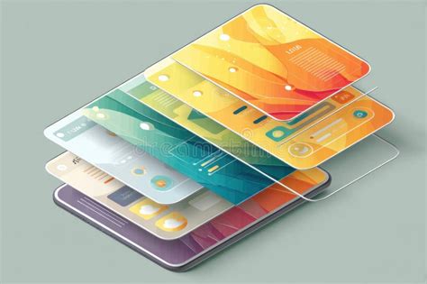 Isometric Smartphone Mockup Showcasing Layered User Interface Screens Vibrant Design Stock