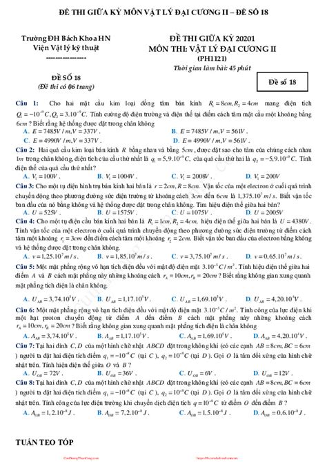 PDF Vật Lý Đại Cương 2 giáo trình bài giảng bài tập lớn đề thi