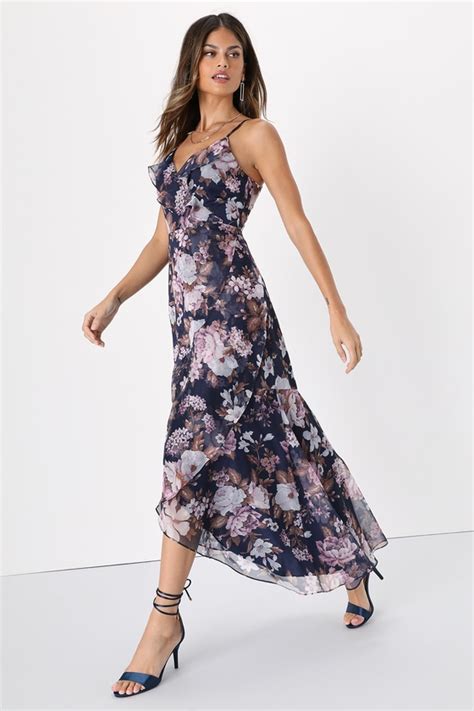 Navy Blue Floral Print Dress High Low Dress Ruffled Dress Lulus