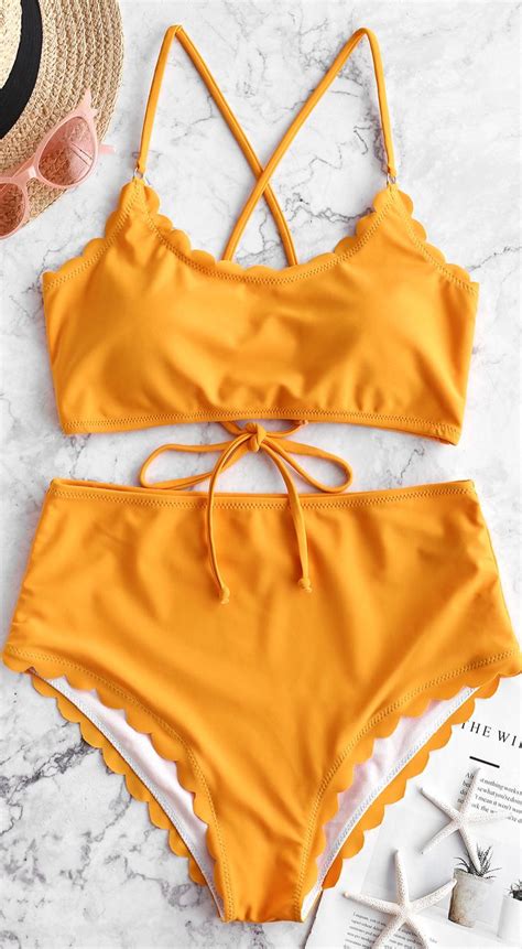 Scalloped Lace Up Tankini Swimsuit