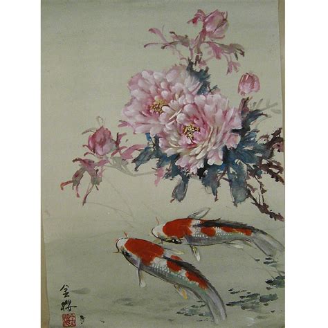 手繪水墨花魚圖原作 花開富貴牡丹錦鯉畫 牡丹圖已裱框art65 開運陶源