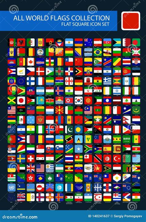 All World Flags Rounded Square Simple Vector Isolated On Black Stock