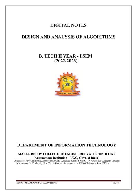 Design AND Analysis OF Algorithms DIGITAL NOTES DESIGN AND ANALYSIS