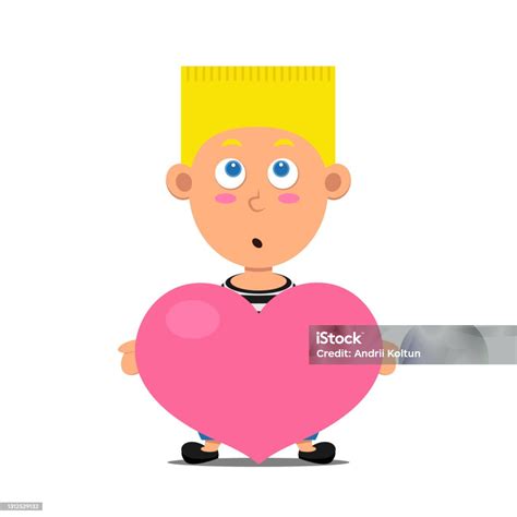 귀여운 만화 홍당무 작은 소년 에 선원 줄무늬 조끼 흰색 배경에 고립 된 아이 캐릭터 혼란스러운 아이들은 분홍색 마음을 안아 준다 벡터 일러스트레이션 개념에 대한 스톡 벡터