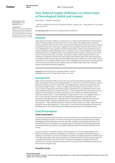 Pdf Zinc Induced Copper Deficiency As A Rare Cause Of Neurological
