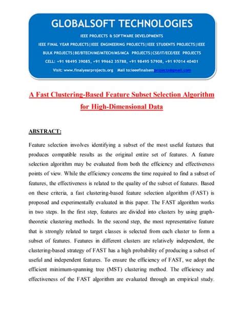 2014 Ieee Java Data Mining Project A Fast Clustering Based Feature Subset Selection Algorithm