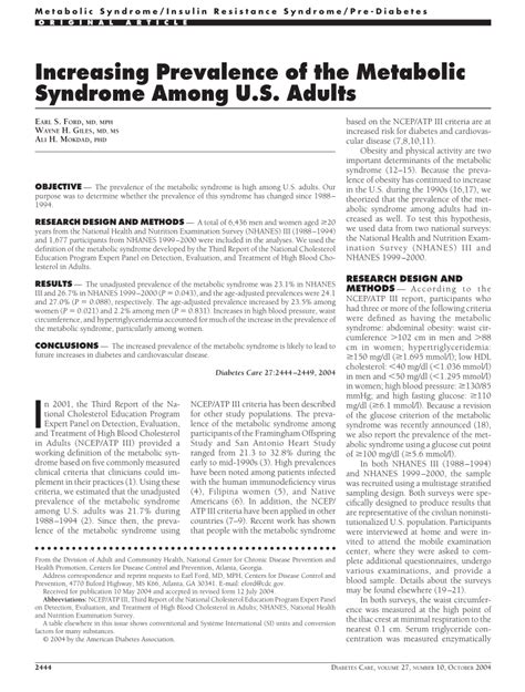 Pdf Increasing Prevalence Of The Metabolic Syndrome Among Us Adults