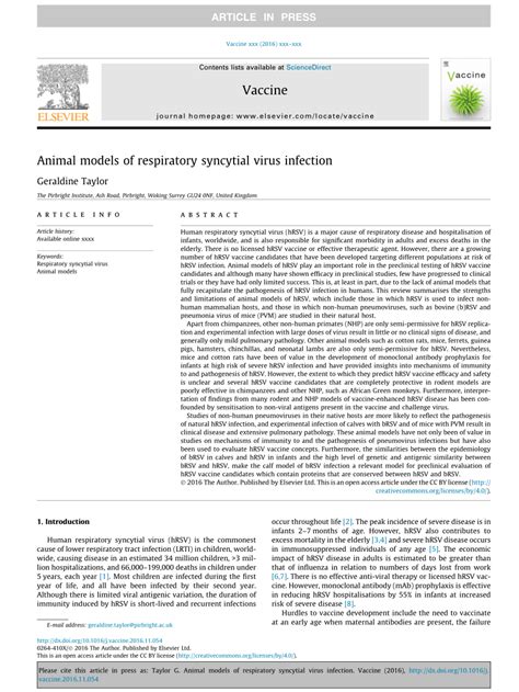 Pdf Animal Models Of Respiratory Syncytial Virus Infection