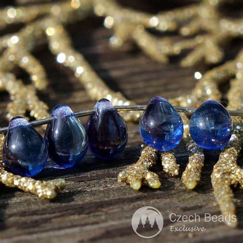 Clear Dark Blue Czech Teardrop Beads Czech Glass Beads Blue Glass Tear