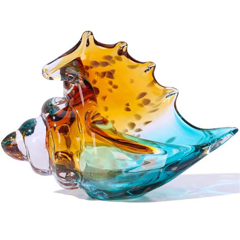 Sea Glass Art Figurines Hand Blown Conch Shell Sculpture Green Sea