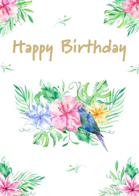 Watercolor Greeting Card With Tropical Flowers Leaves And Hummingbird