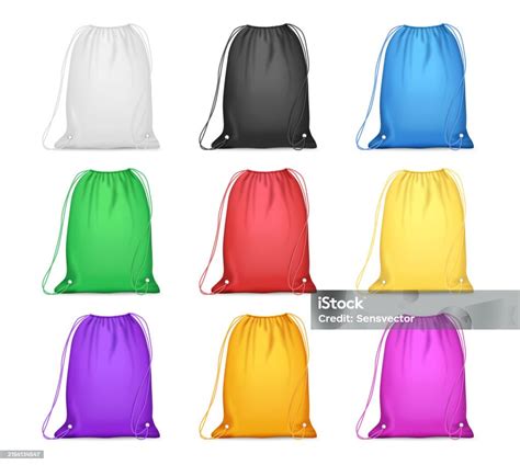 닫을 수 있는 로프가 있는 졸라매는 끈 현실적인 자루 벡터는 운동화 또는 옷을 위한 빈 자루를 격리했습니다 모형 및 복사 공간을 위한 파우치 또는 텍스타일 팩 구색 심플한