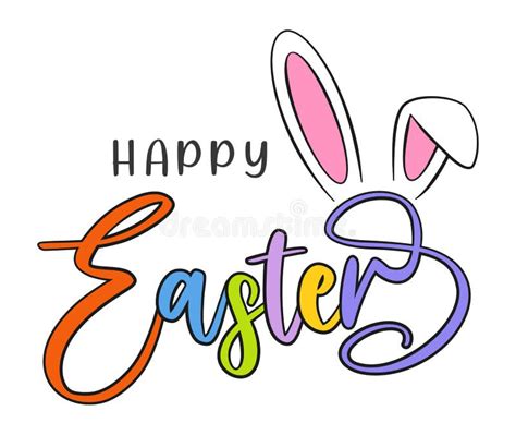 Happy Easter Colorful Lettering And Bunny Ears Isolated On White