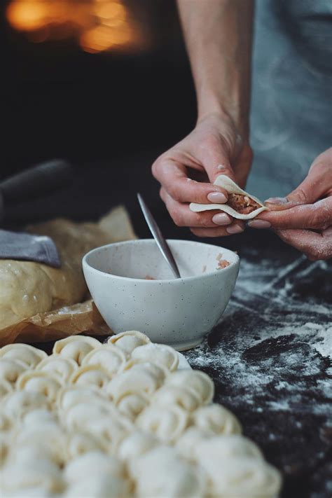Dumpling Dough Filling Hands Crafting Floured Surface Cozy Kitchen