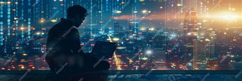 Silhouette Of A Programmer Working On A Laptop In A Futuristic City A