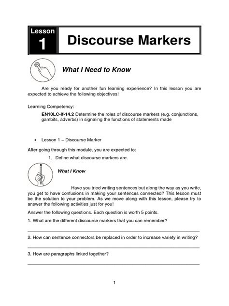 Eng10 Q1 Mod10 Discourse Markers Generalization Version 3 Pdf Pdf