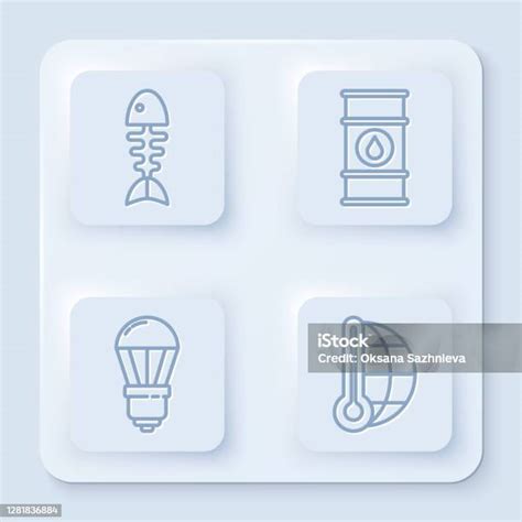 세트 라인 물고기 골격 오일 배럴 라인 Led 전구 및 기상 온도계 측정 흰색 정사각형 버튼 벡터 Led 조명에 대한 스톡 벡터