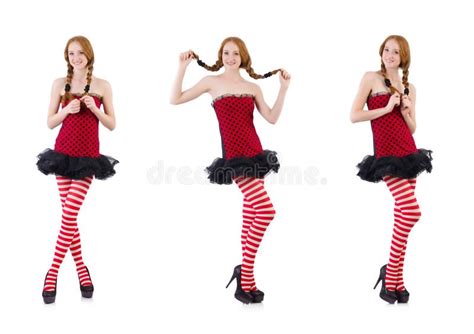 Redhead Girl In Red Dress And Stockings On White Stock Image Image Of