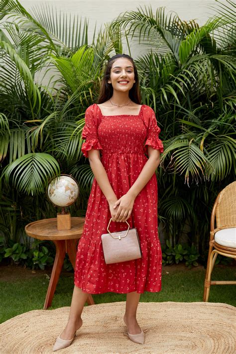 Glam Red Smocked Tiered Dress Nangaliaruchira