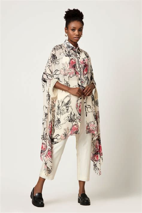 Buy Ivory Georgette Printed Lily Shirt Collar Asymmetric Cape For Women
