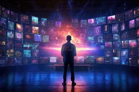 Man Standing In Front Of Glowing Monitors Data Charts And Numbers On Screen Generative Ai